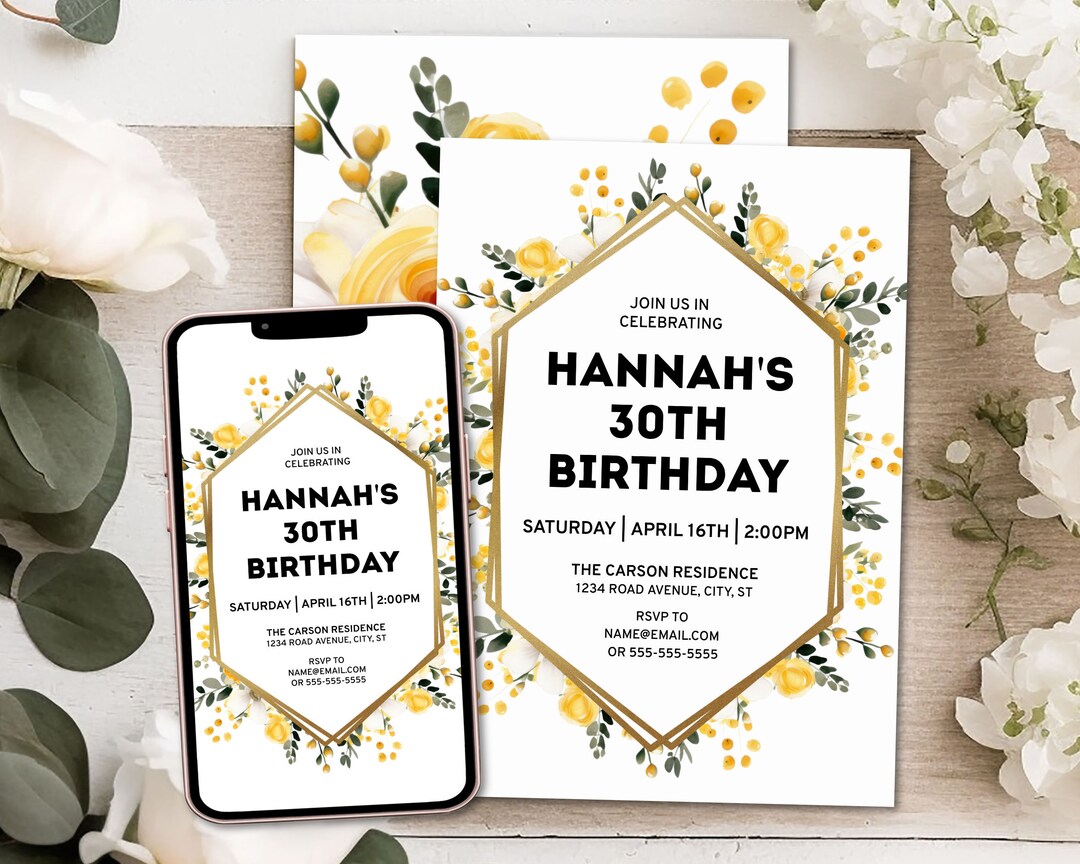 Yellow Flowers and Gold Hexagon Birthday Party Invitation Template ...