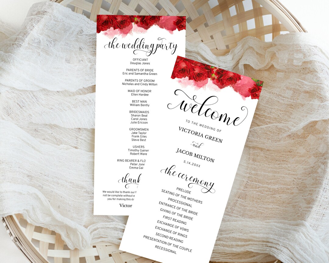 Red Wedding Program Template Download With Red Roses and Red Watercolor ...