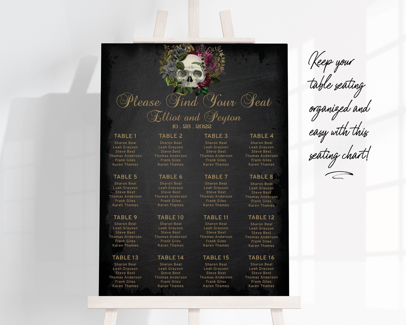Goth Wedding Seating Chart With a Masquerade Skull of Pink Flowers and ...