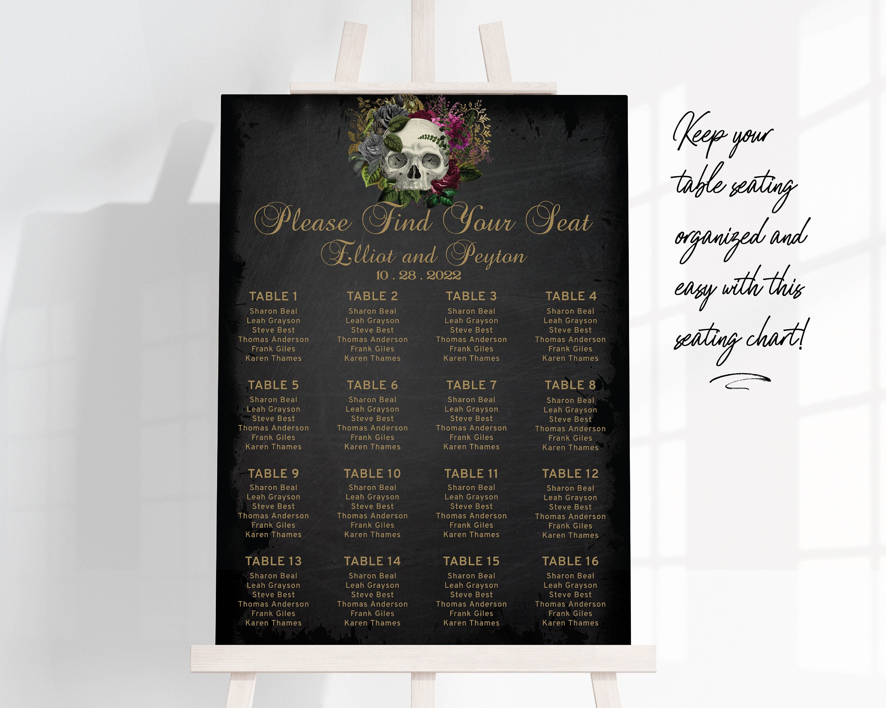 Goth Wedding Seating Chart With a Masquerade Skull of Pink Flowers and ...