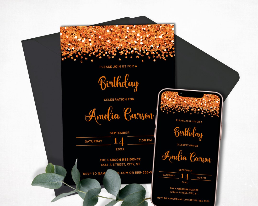 Black and Orange Birthday Invitation Template, Printable Glitter ...
