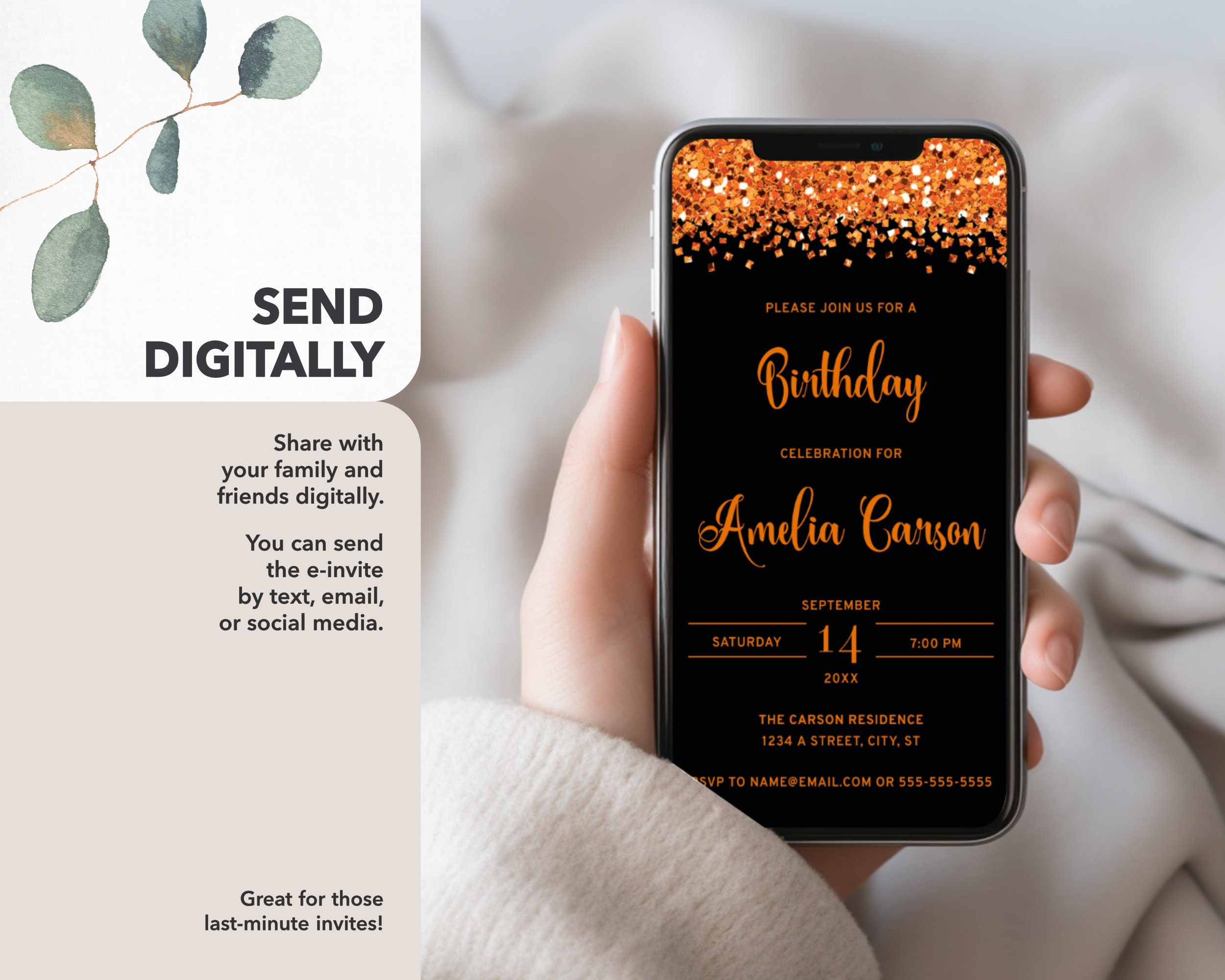 Black and Orange Birthday Invitation Template, Printable Glitter ...