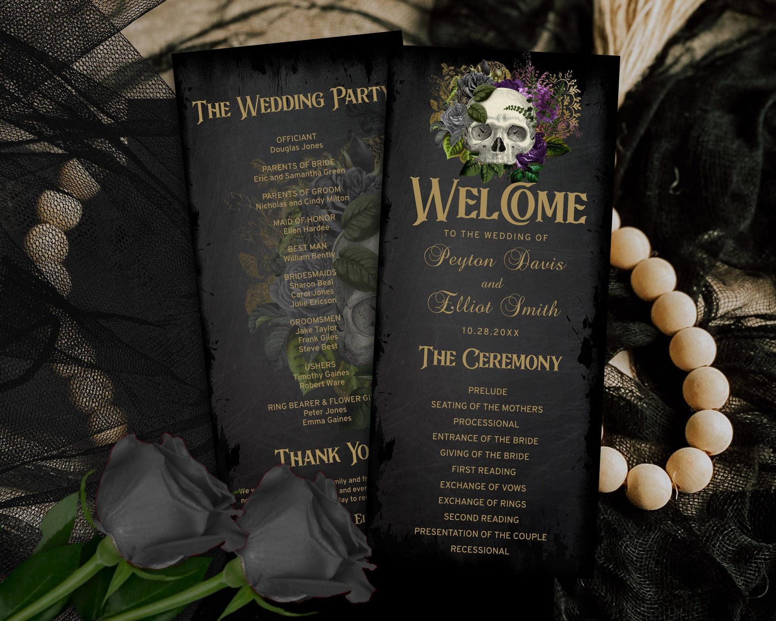 Goth Wedding Program Template With a Masquerade Skull of Purple Flowers and Black Roses, Gothic ...