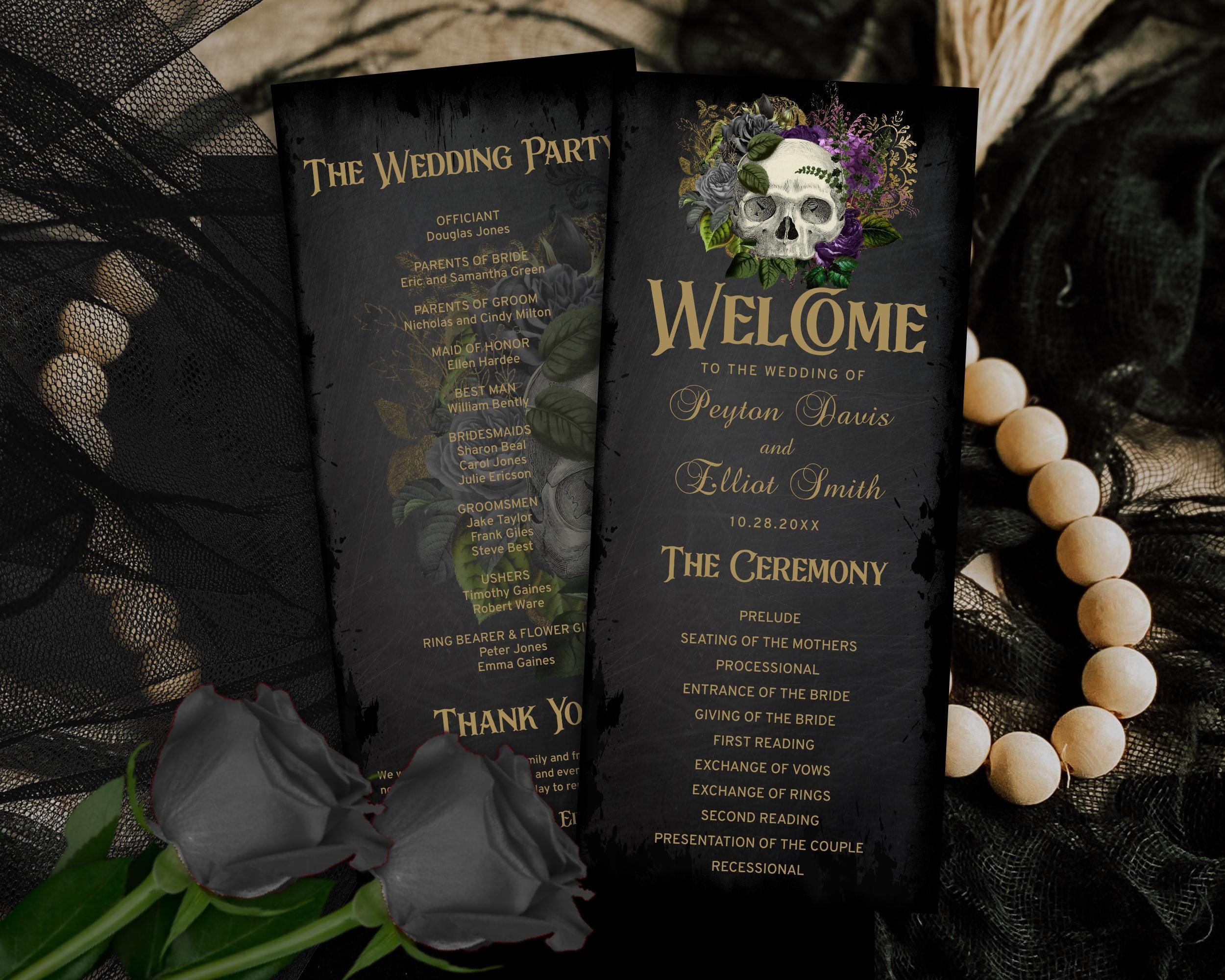 Goth Wedding Program Template With a Masquerade Skull of Purple Flowers ...