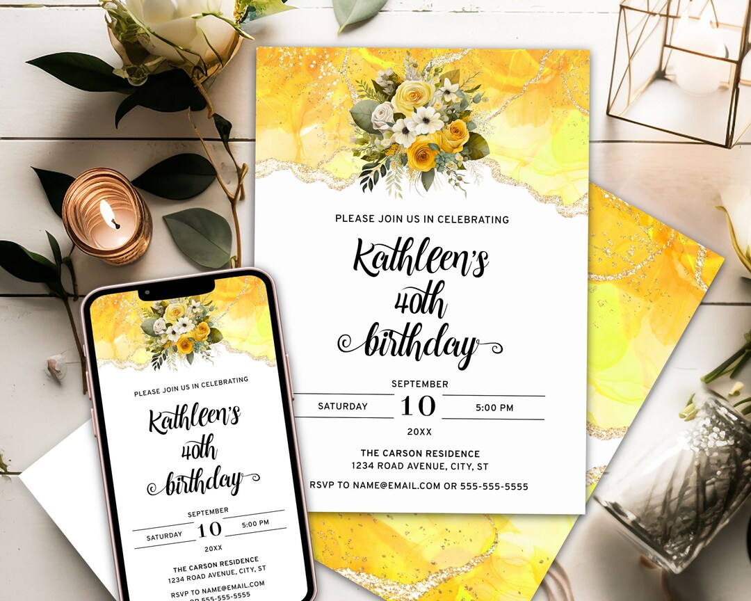 Yellow Floral Birthday Party Invitation Template With Yellow Watercolor ...