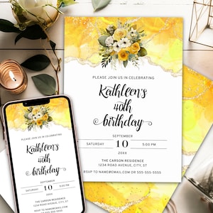 Yellow Floral Birthday Party Invitation Template With Yellow Watercolor ...