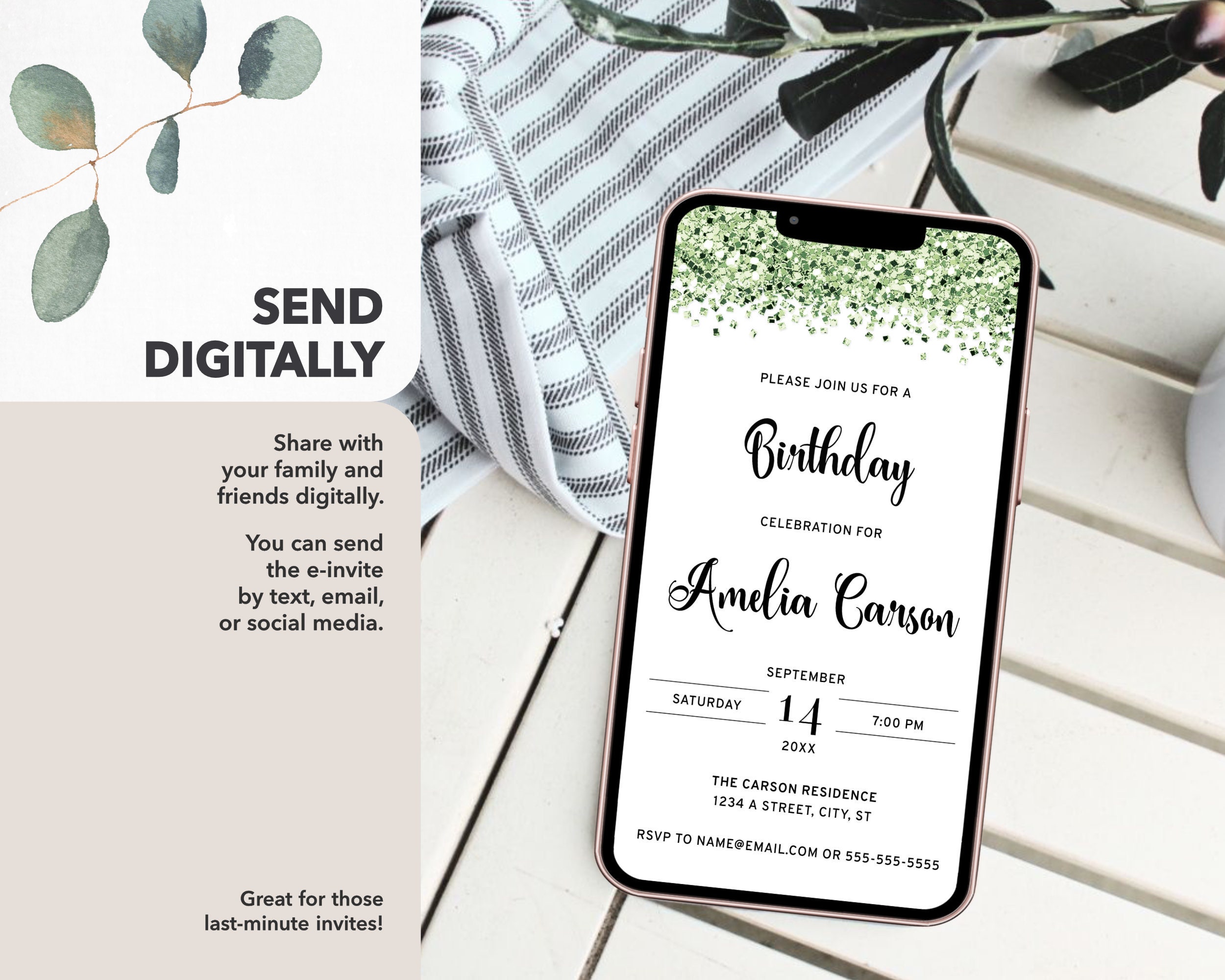 Light Green Birthday Party Invitation, Sparkling Glitter Invite for a ...