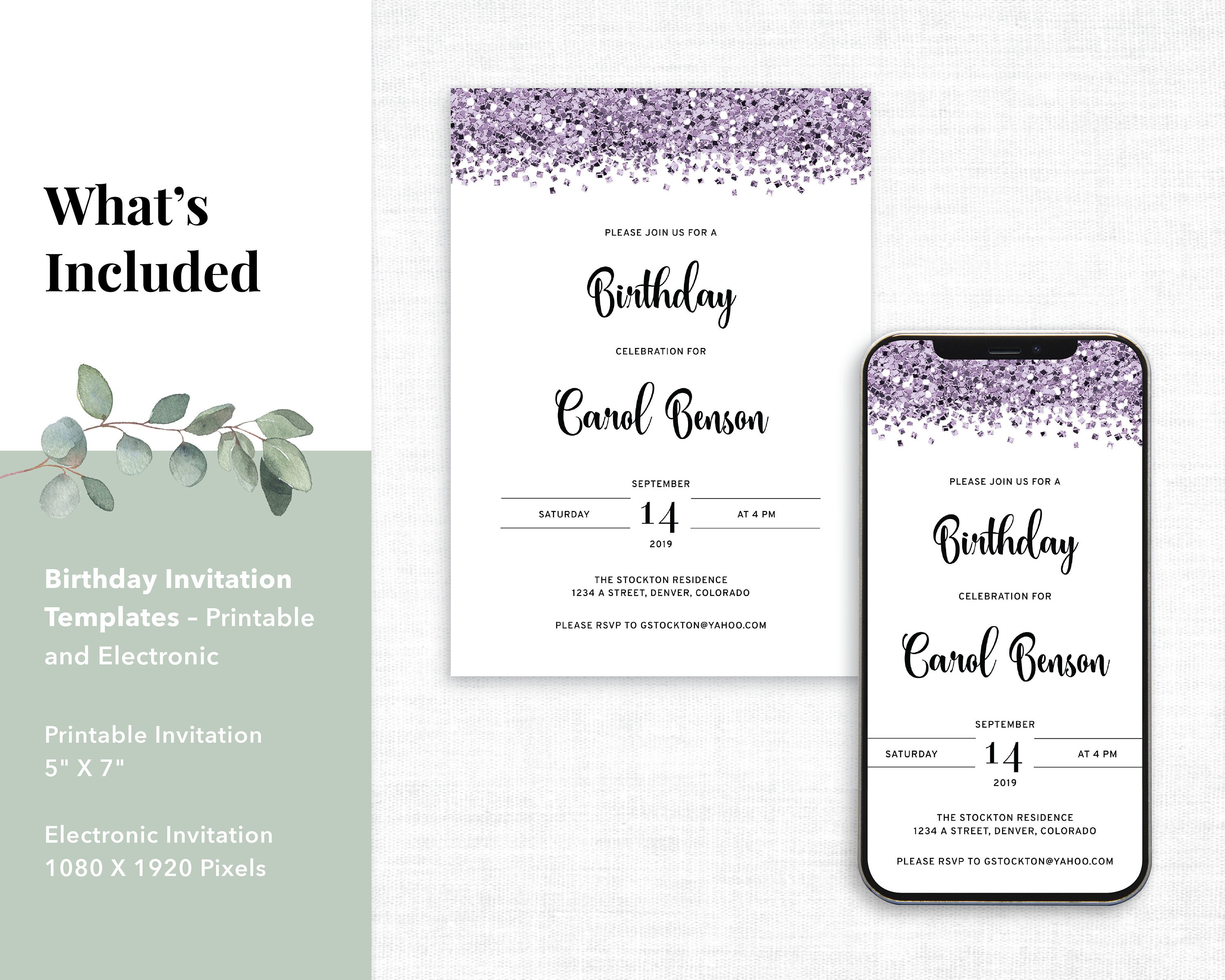 Lavender Birthday Party Invitation Sparkling Glitter Invite - Etsy