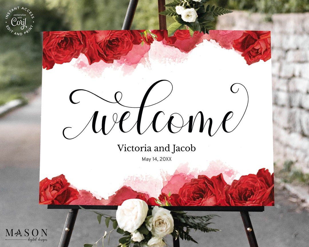 Red Wedding Welcome Sign Template With Red Roses and Red - Etsy