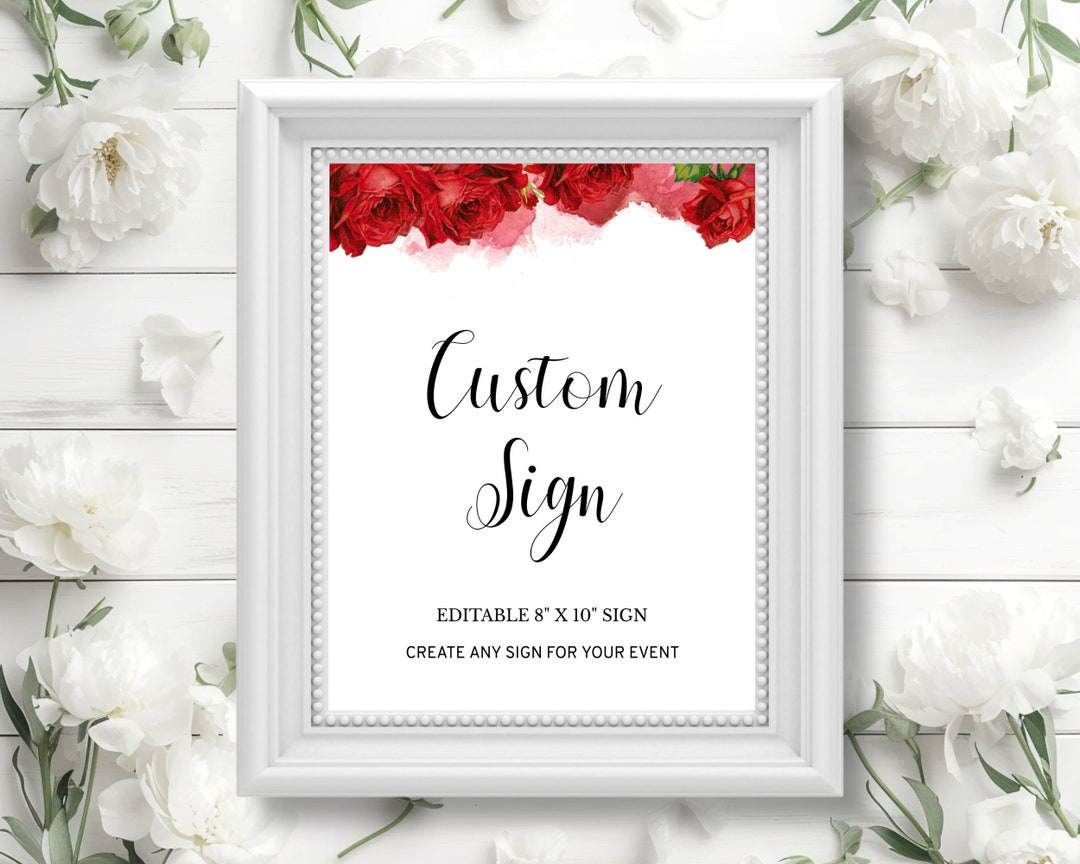 Red Custom Wedding Sign Template With Red Roses and Red Watercolor ...