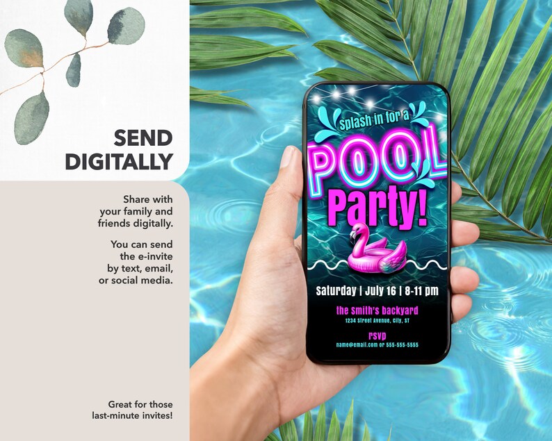 Pool Party Invite Template With Neon Pink and Blue Lettering, Flamingo ...