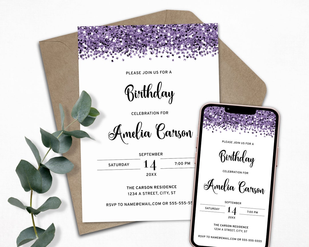 Purple Birthday Party Invitation, Sparkling Glitter Invite for a Glam ...