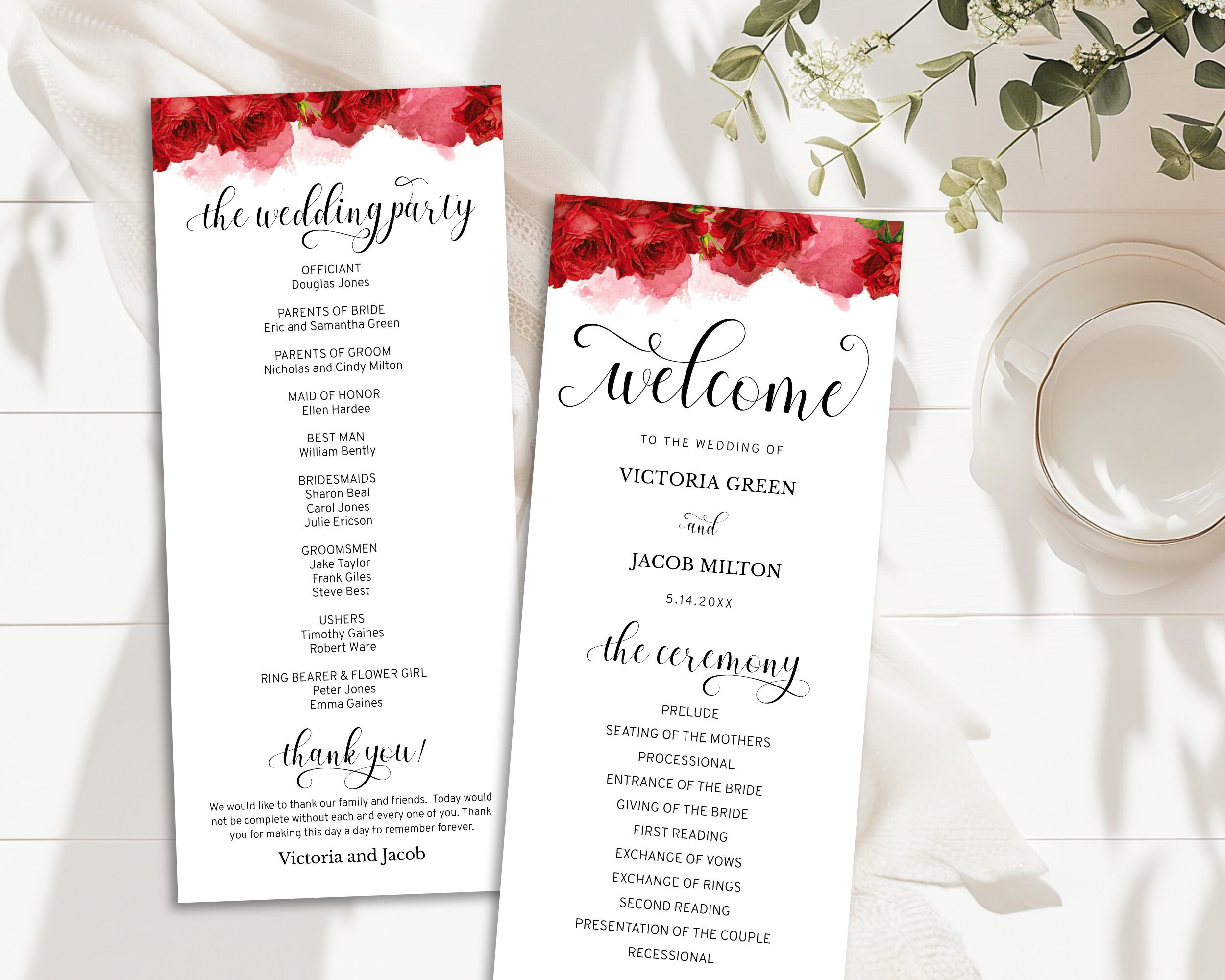 Red Wedding Program Template Download With Red Roses and Red Watercolor ...