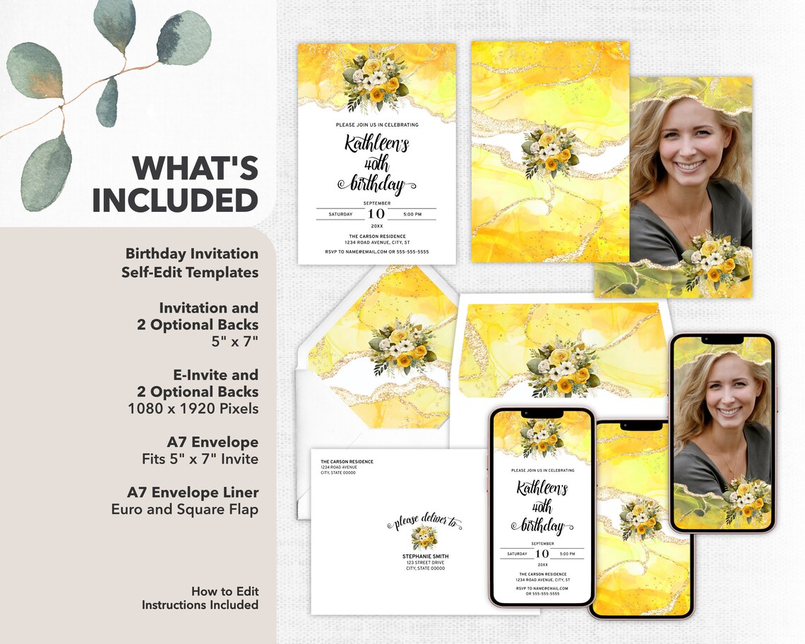 Yellow Floral Birthday Party Invitation Template With Yellow Watercolor ...