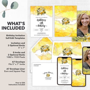 Yellow Floral Birthday Party Invitation Template With Yellow Watercolor ...