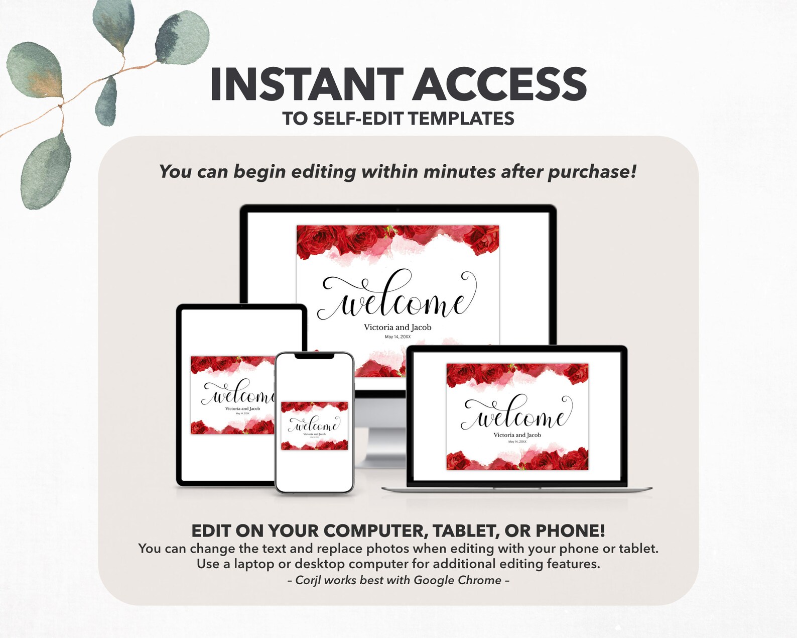 Red Wedding Welcome Sign Template With Red Roses and Red Watercolor ...
