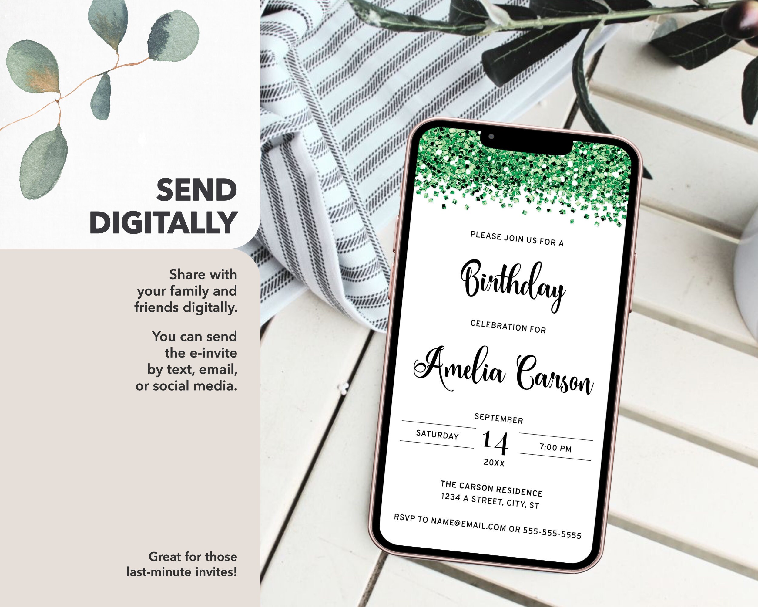 Green Birthday Party Invitation, Sparkling Glitter Invite for a Glam ...