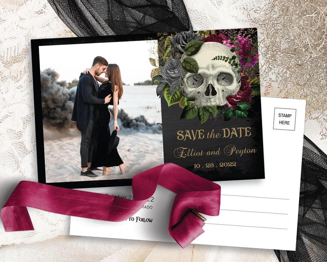 Goth Save the Date Postcard With a Masquerade Skull of Pink Flowers and ...