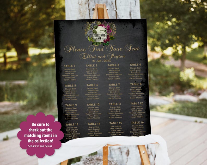 Goth Wedding Seating Chart With a Masquerade Skull of Pink Flowers and ...