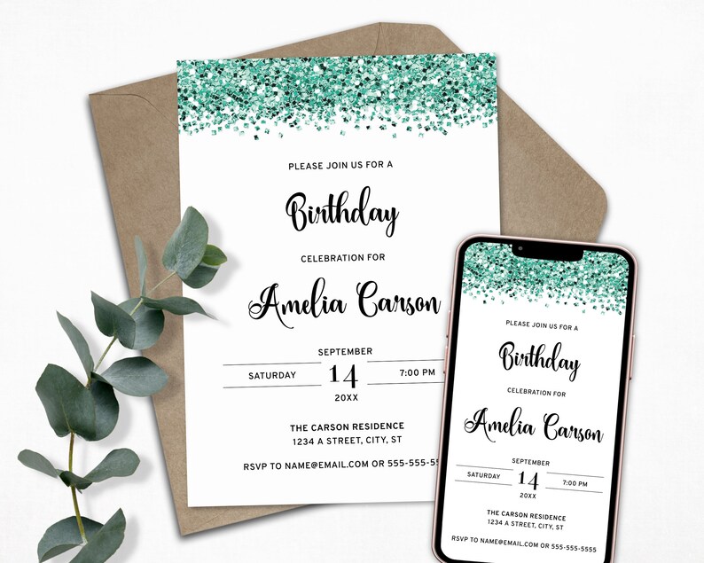 Mint Green Birthday Party Invitation, Sparkling Glitter Invite for a ...