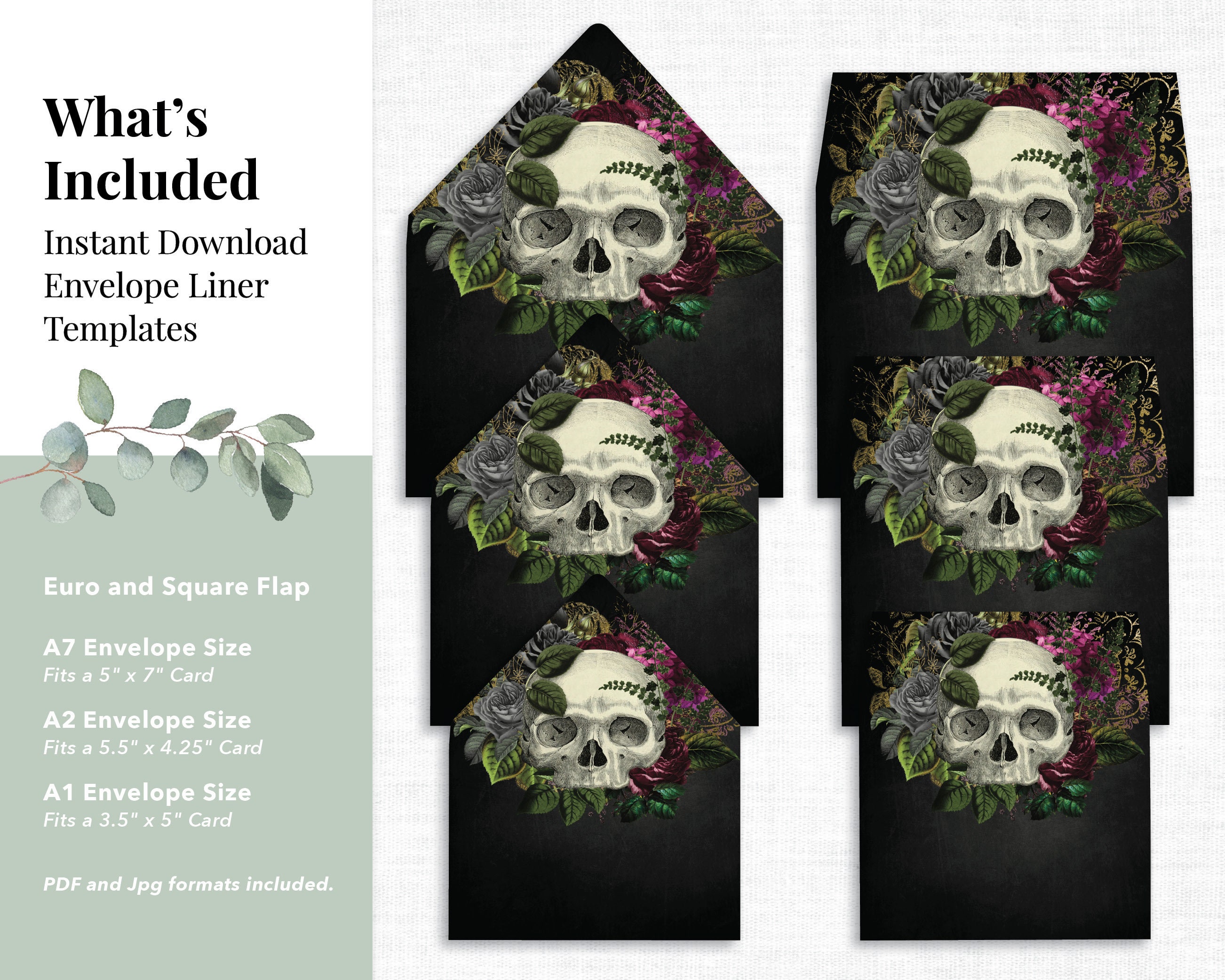 Goth Wedding Envelope Liners With a Masquerade Skull of Pink Flowers ...