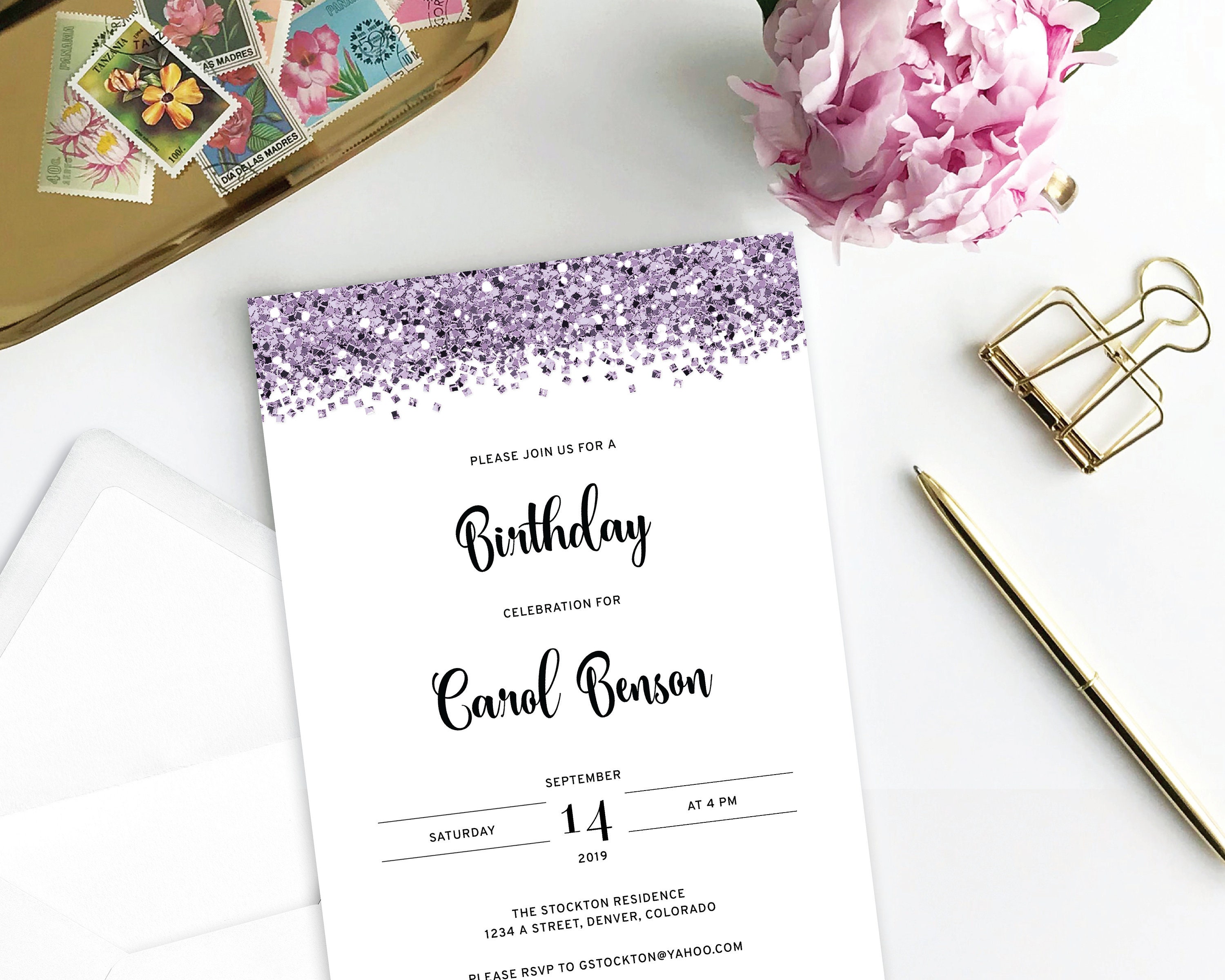 Lavender Birthday Party Invitation Sparkling Glitter Invite - Etsy