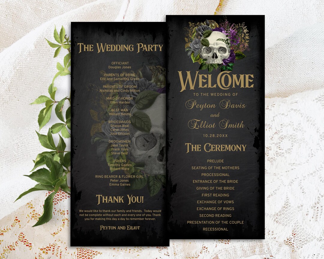 Goth Wedding Program Template With a Masquerade Skull of Purple Flowers ...