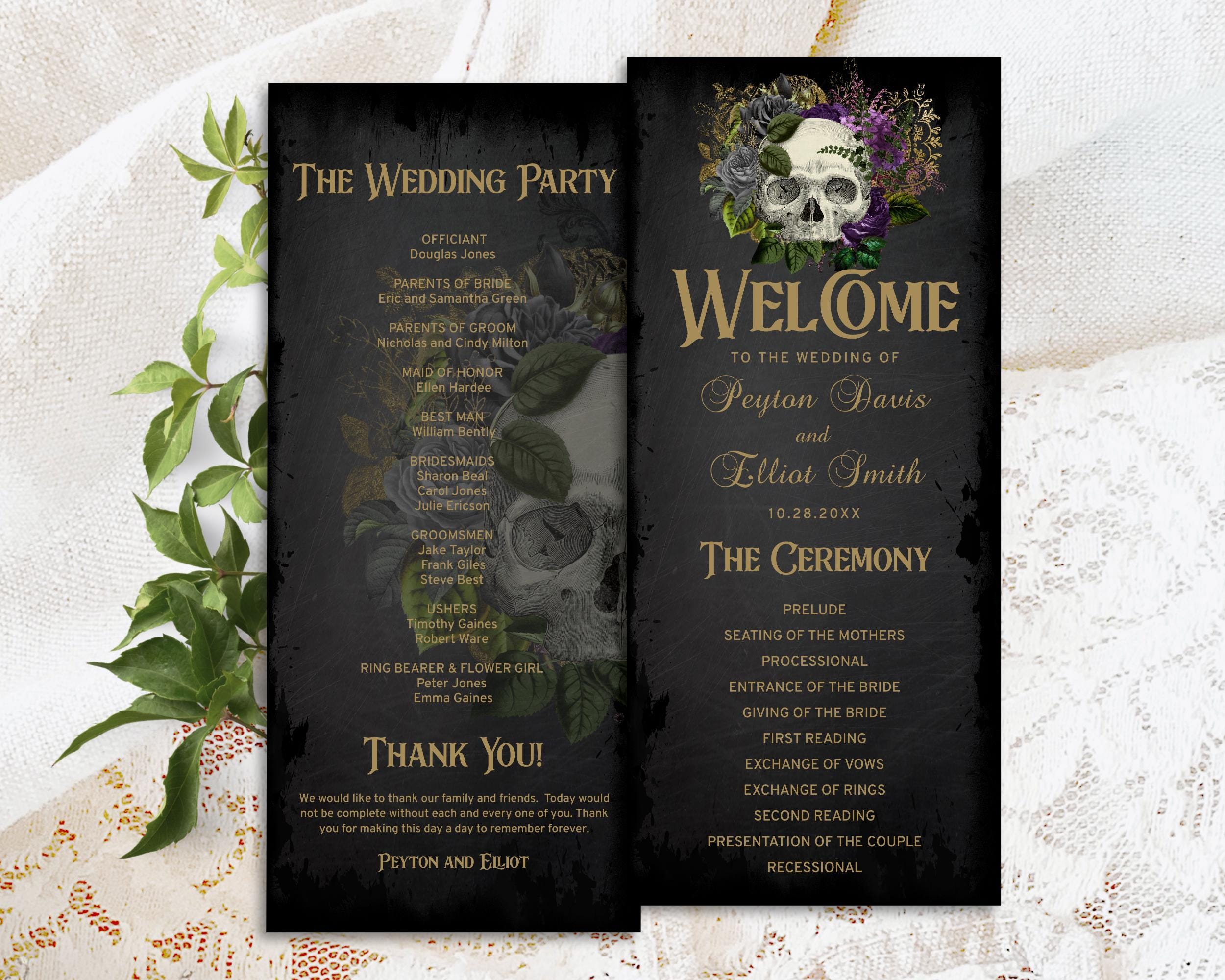 Goth Wedding Program Template With a Masquerade Skull of Purple Flowers ...