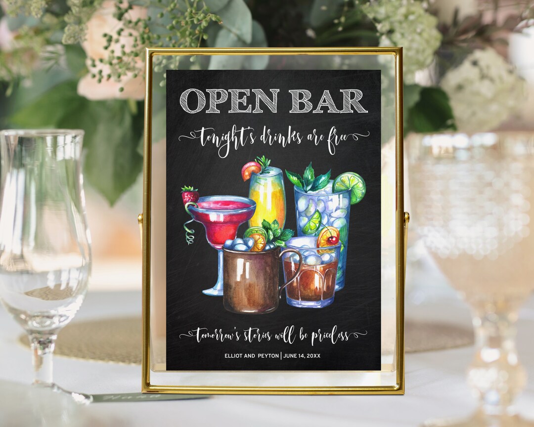 OPEN BAR SIGN, Printable Chalkboard Drink Sign With Cocktails, Drinks ...