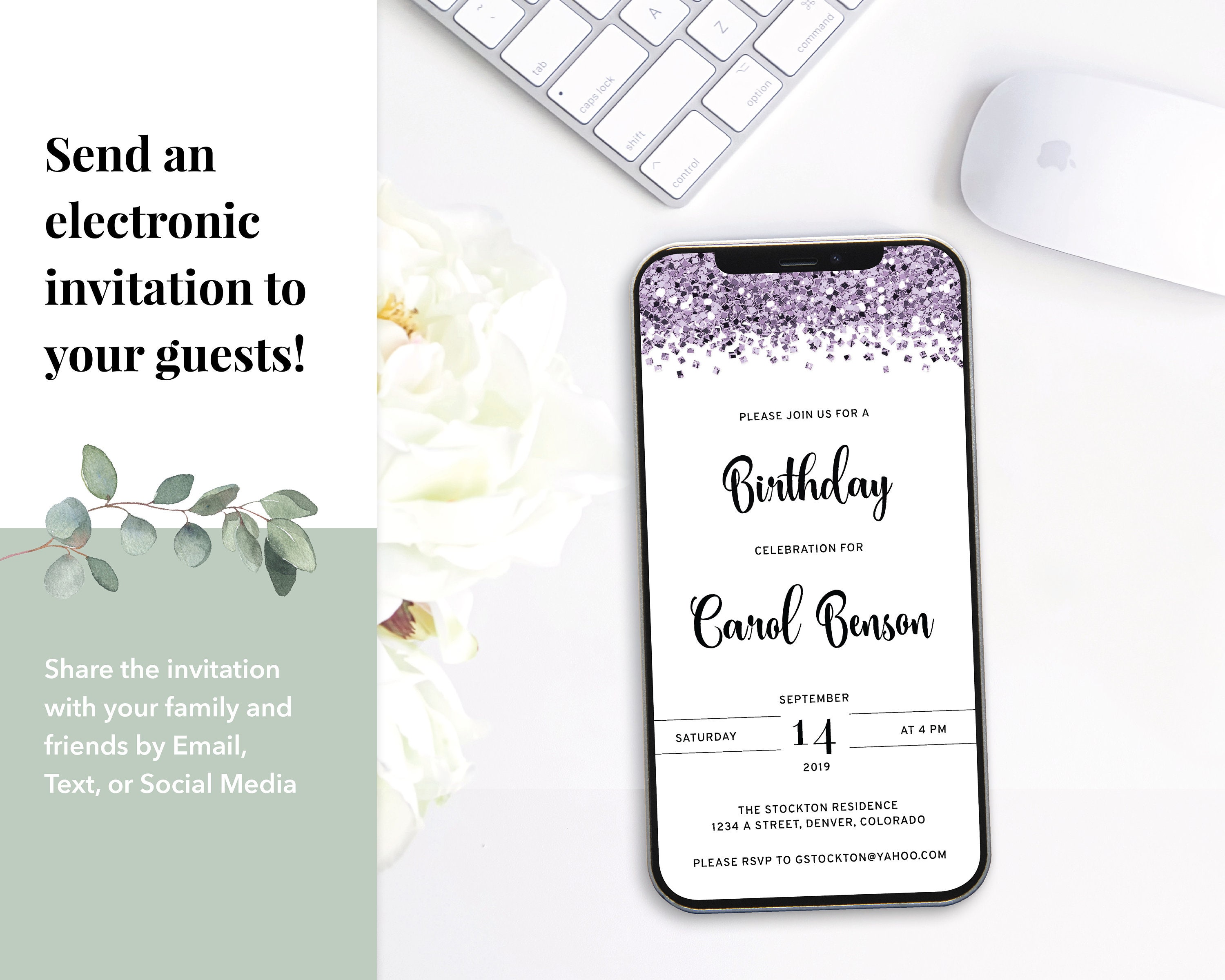 Lavender Birthday Party Invitation Sparkling Glitter Invite - Etsy