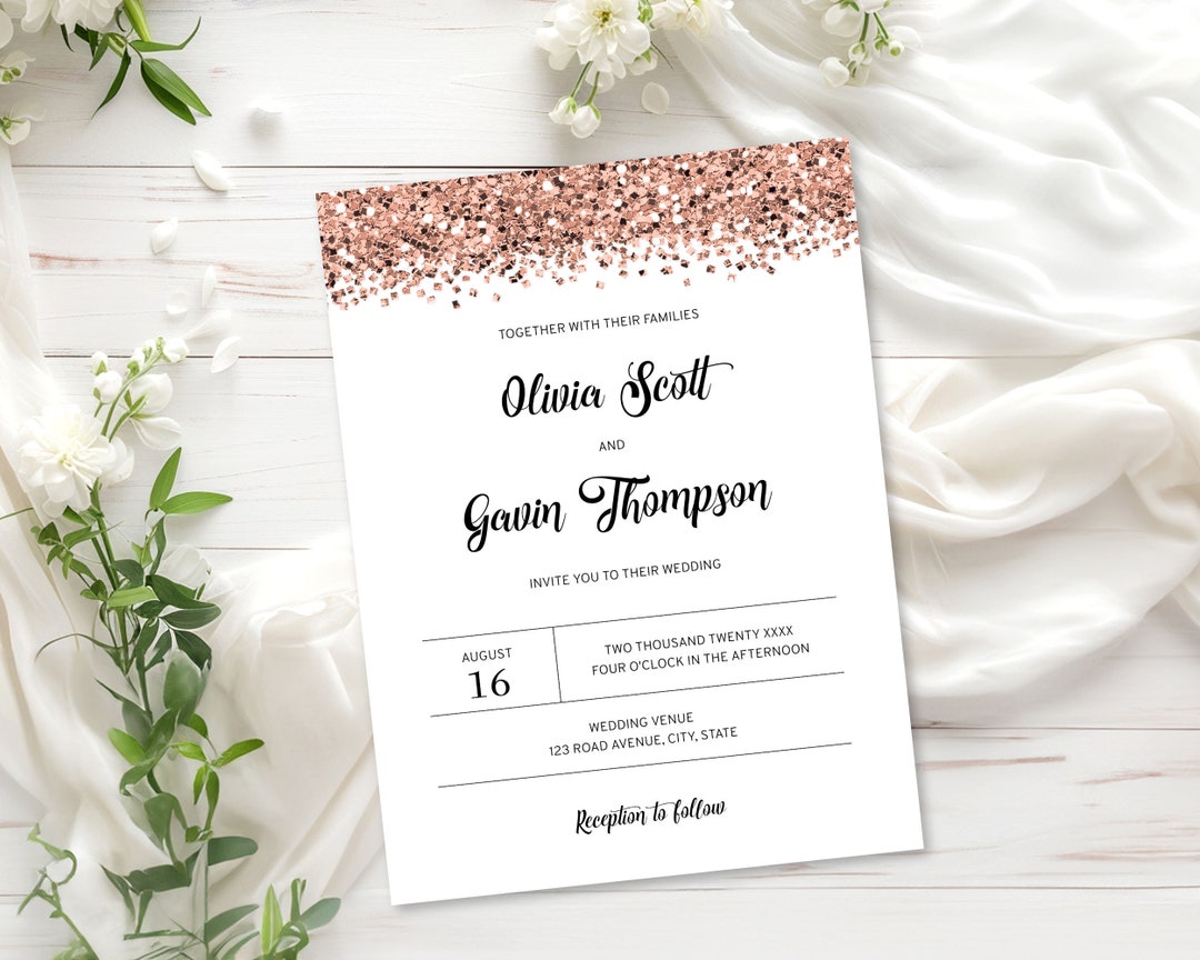 Rose Gold Wedding Invitation Template, Glitter Wedding Invitation With ...