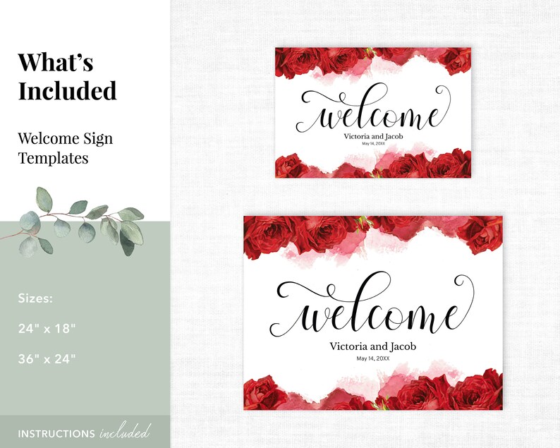 Red Wedding Welcome Sign Template With Red Roses and Red Watercolor ...
