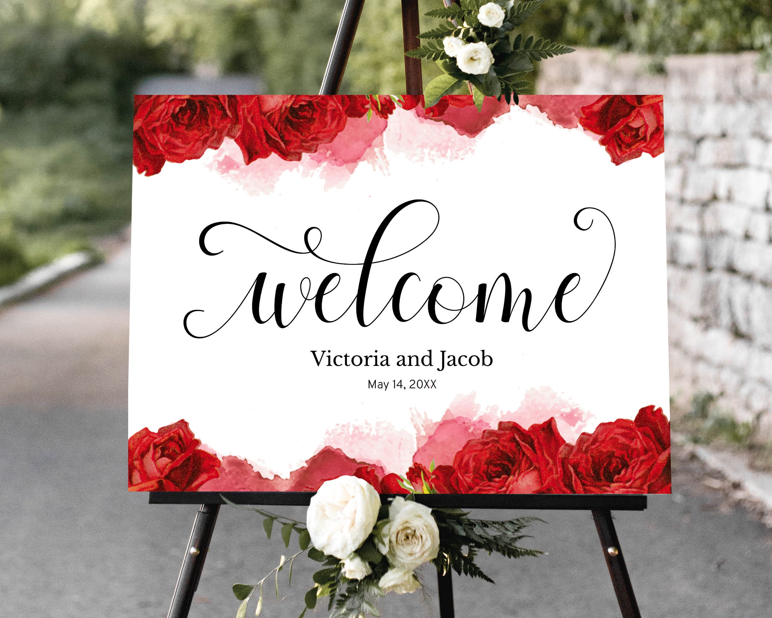 Red Wedding Welcome Sign Template With Red Roses and Red Watercolor ...