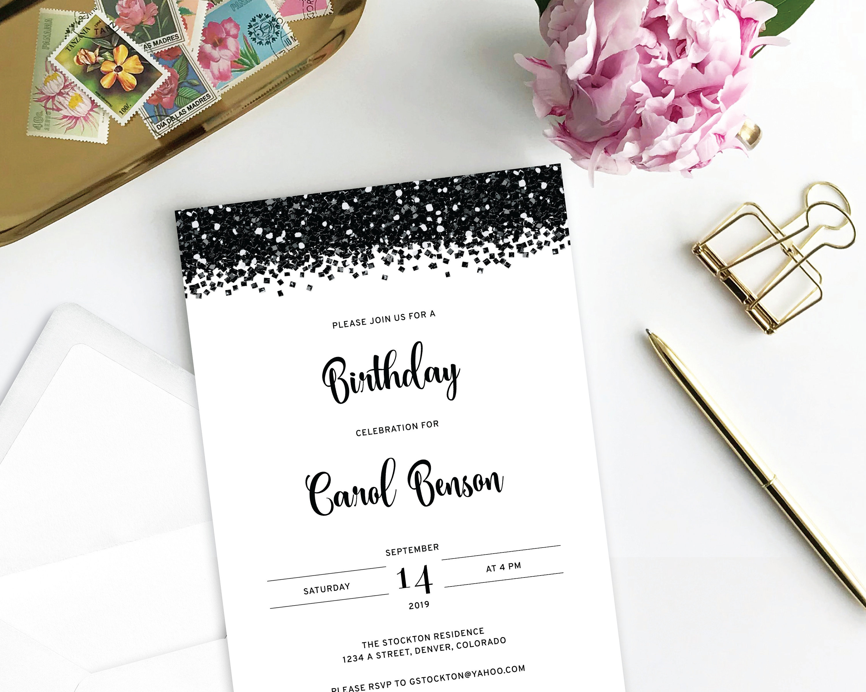 Black Birthday Party Invitation, Sparkling Glitter Invite for a Glam ...