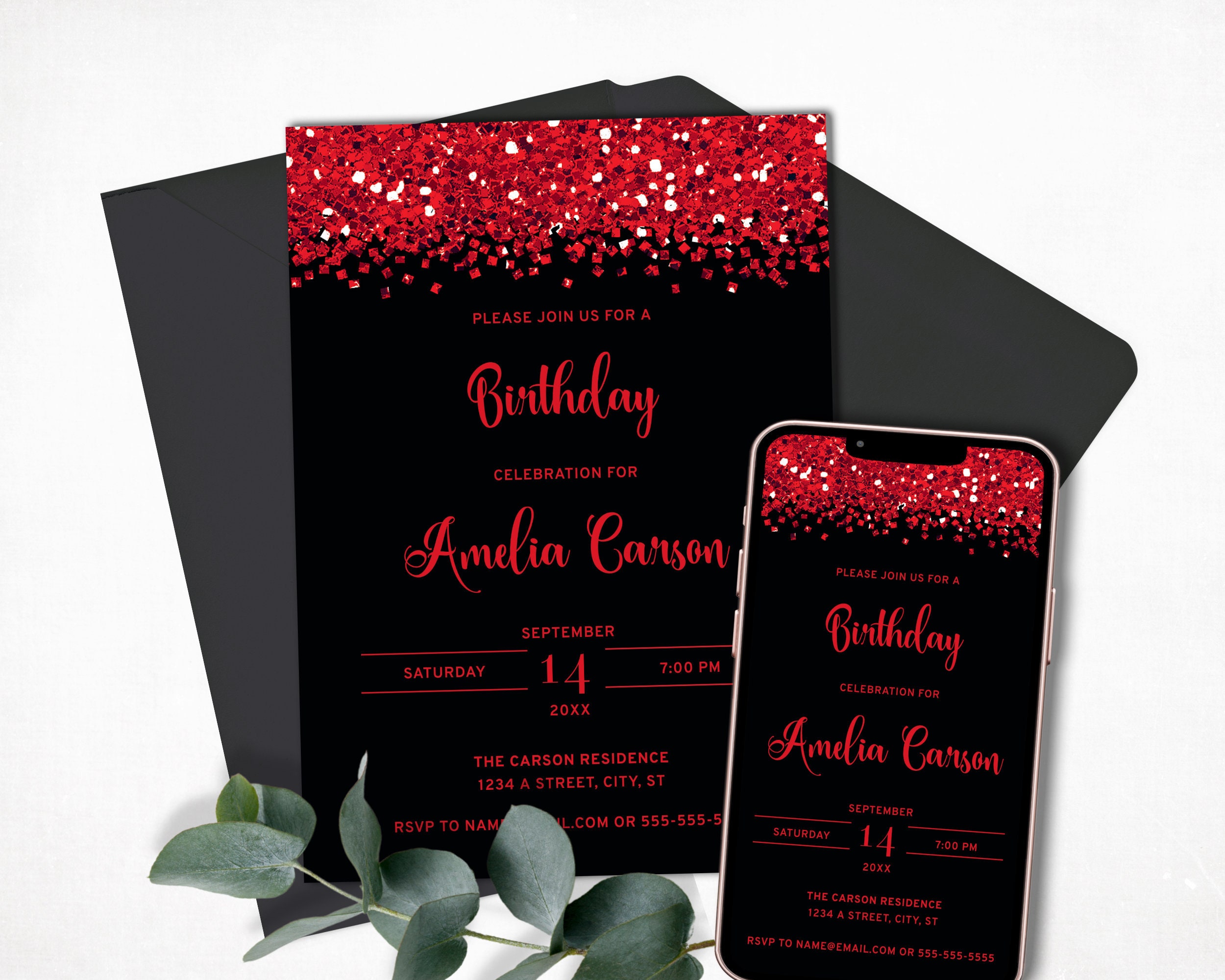 Black and Red Birthday Invitation Template, Printable Glitter ...