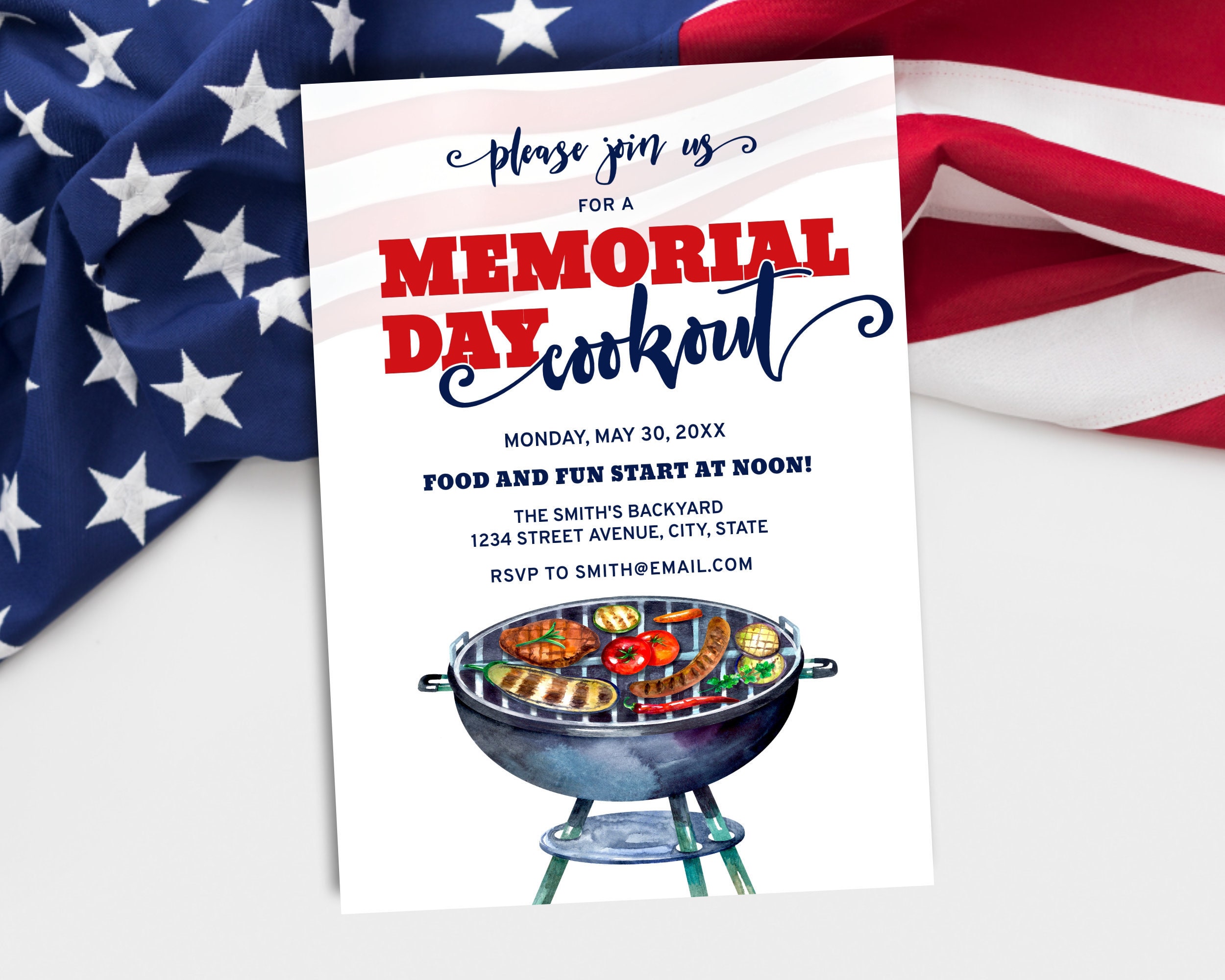 MEMORIAL DAY INVITATION, Backyard Bbq Summer Party, Red White Blue ...
