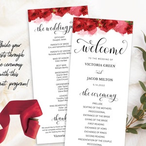 Red Wedding Program Template Download With Red Roses and Red Watercolor ...