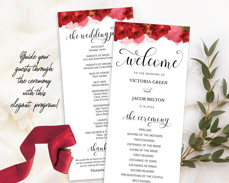 Red Wedding Program Template Download With Red Roses and Red Watercolor ...