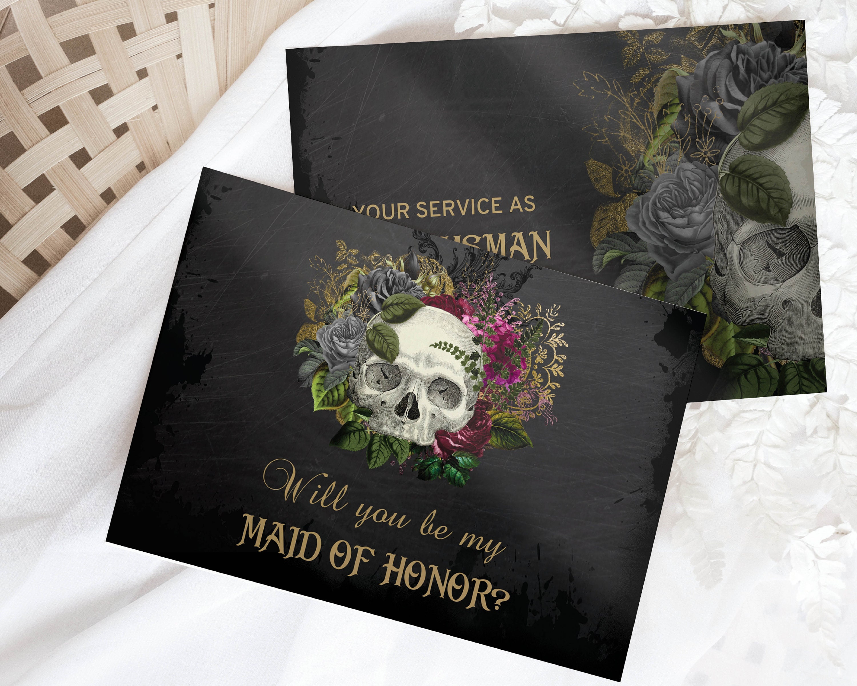 Goth Bridesmaid Proposal Card With a Masquerade Skull of Pink Flowers ...