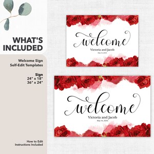 Red Wedding Welcome Sign Template With Red Roses and Red Watercolor ...