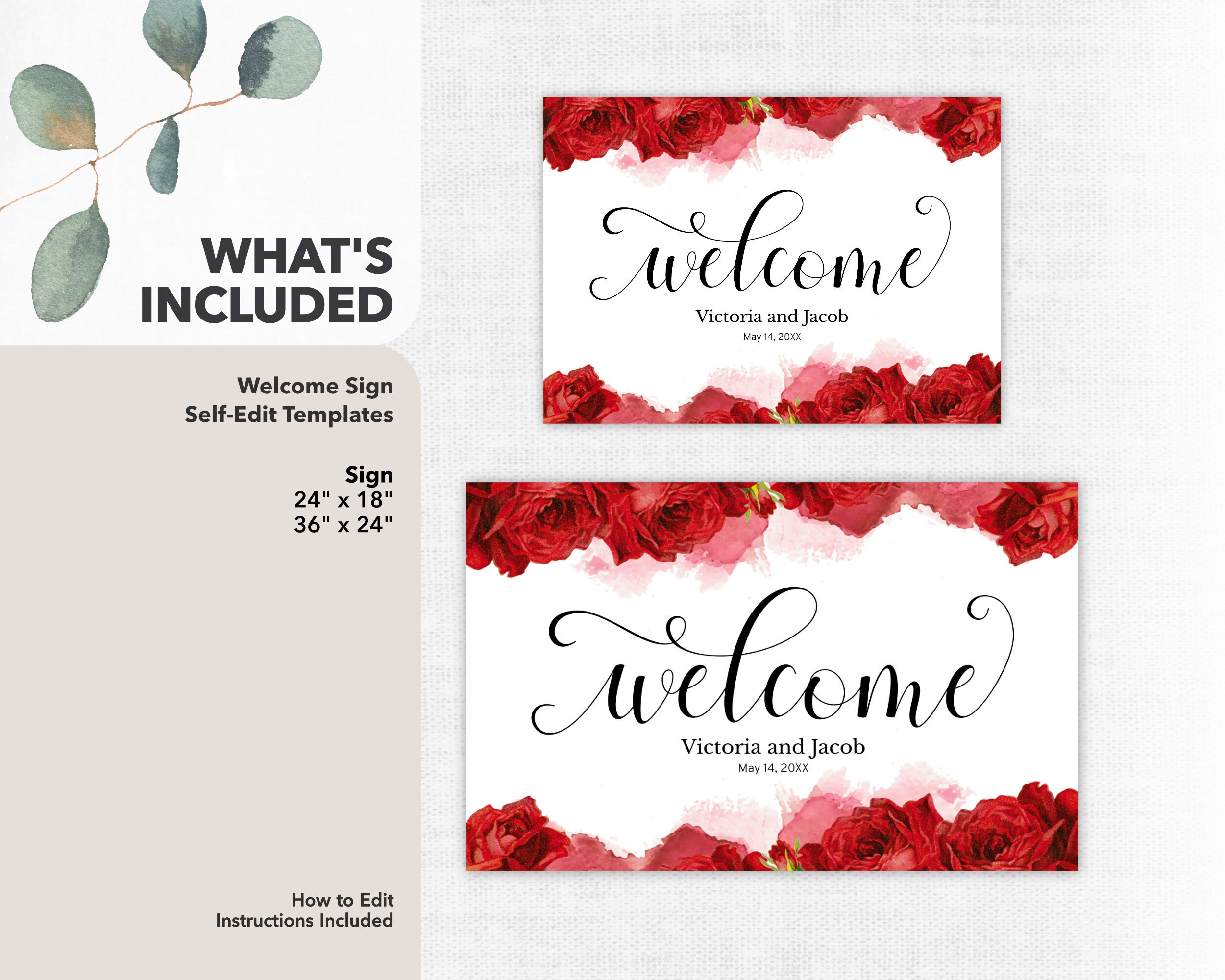 Red Wedding Welcome Sign Template With Red Roses and Red Watercolor ...