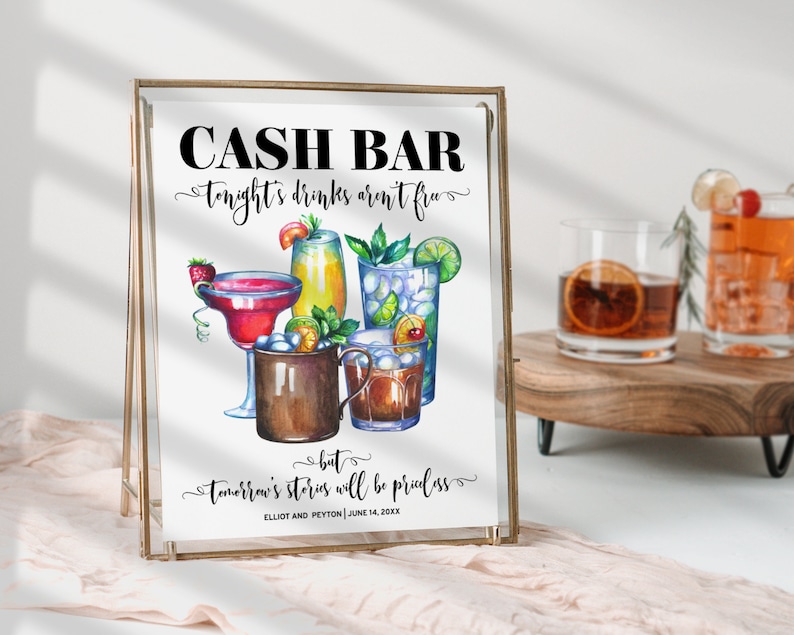 CASH BAR SIGN, Printable Template Drink Sign With Cocktails, Drinks ...