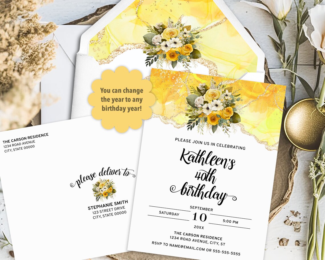Yellow Floral Birthday Party Invitation Template With Yellow Watercolor ...