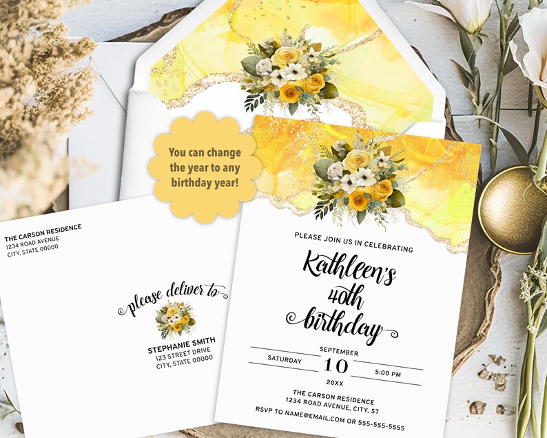Yellow Floral Birthday Party Invitation Template With Yellow Watercolor ...