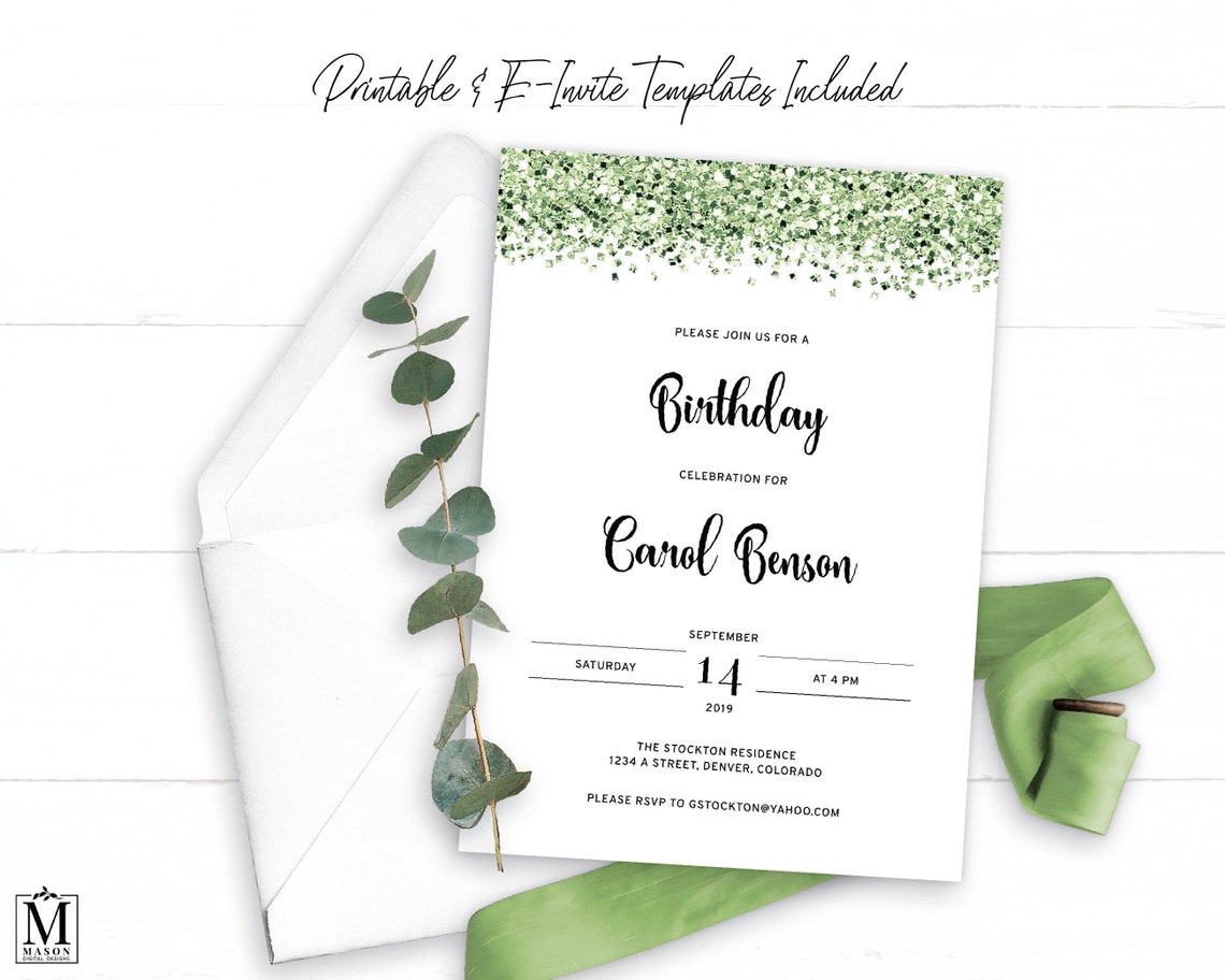 Light Green Birthday Party Invitation Sparkling Glitter - Etsy