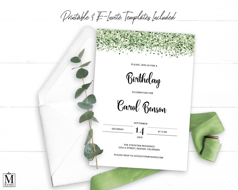 Light Green Birthday Party Invitation Sparkling Glitter - Etsy