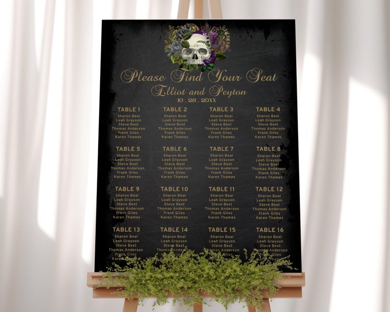 Goth Wedding Seating Chart With a Masquerade Skull of Purple Flowers ...
