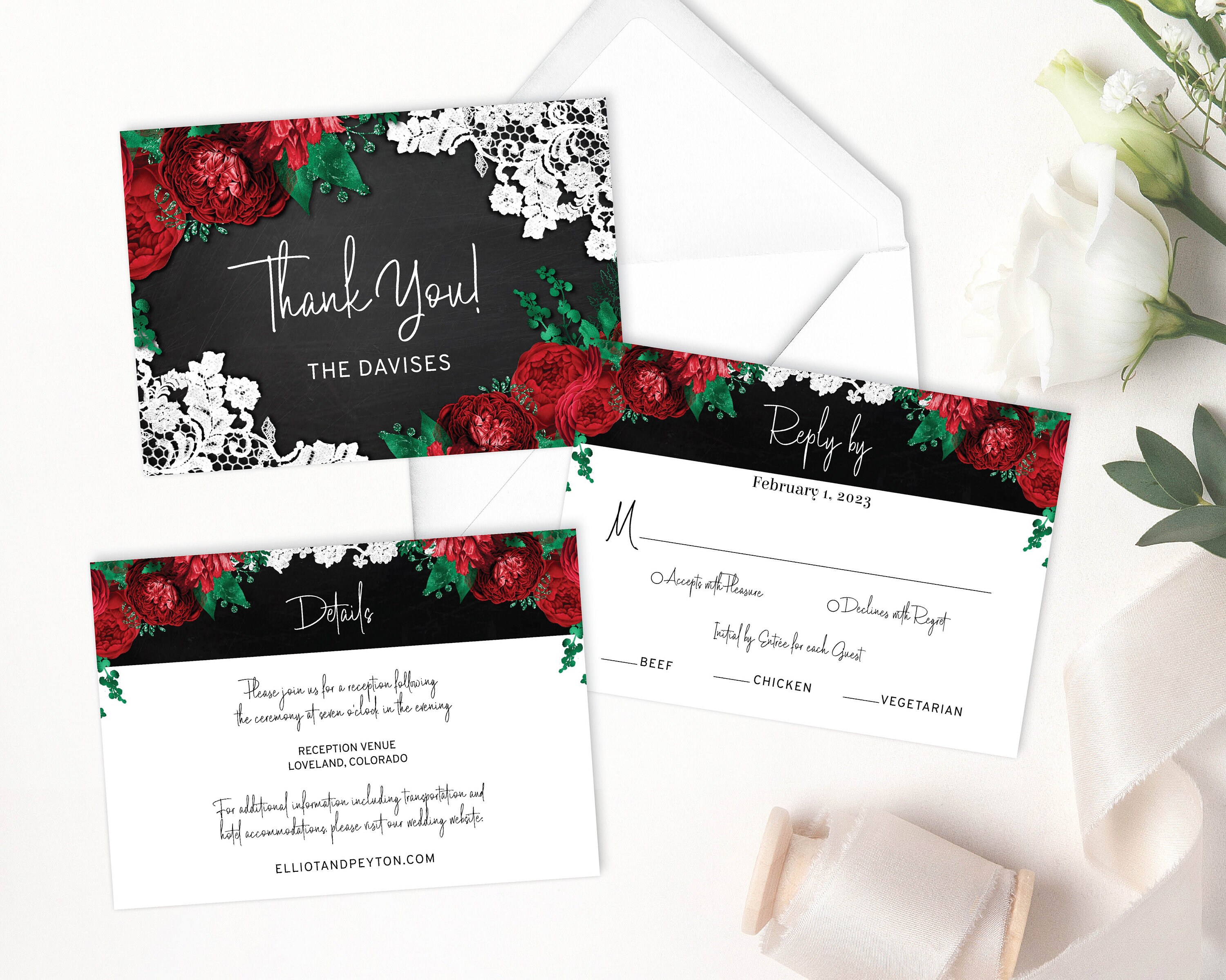 Black and Red Wedding Invitation Suite With Red Roses White - Etsy