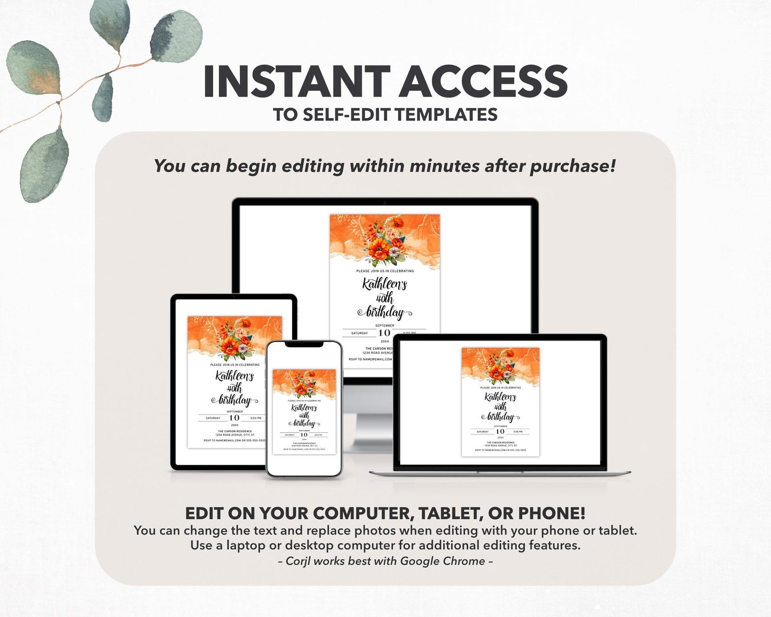 Orange Floral Birthday Party Invitation Template With Orange Watercolor ...