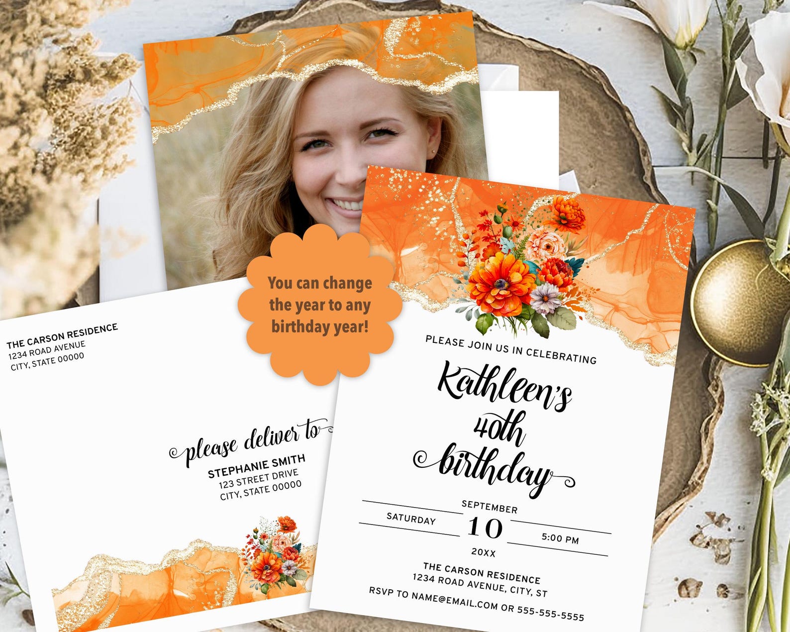 Orange Floral Birthday Party Invitation Template With Orange Watercolor ...
